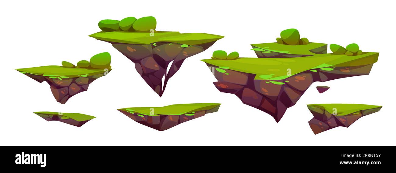 Floating islands, flying land pieces with grass for game landscape ...