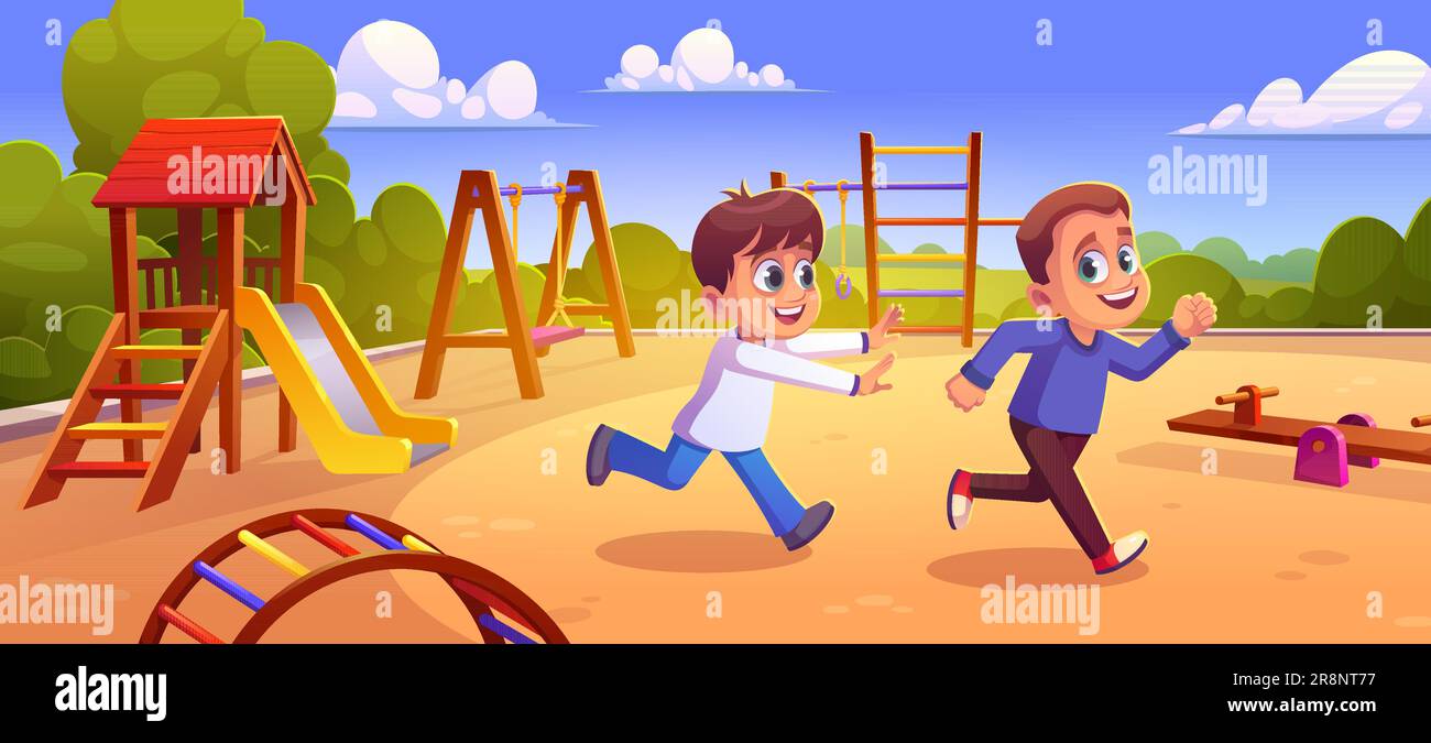 Playground park in kindergarten with children cartoon vector landscape ...