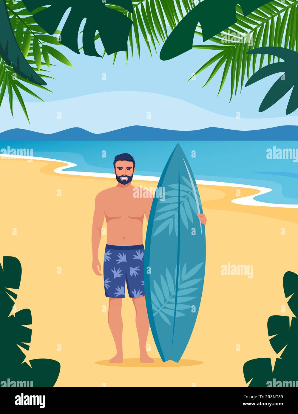 Young Man Surfer With Surfboard Standing On The Beach Smiling Surfer