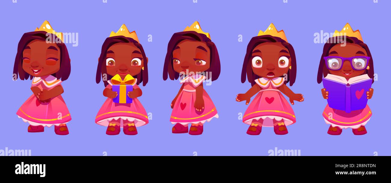Cute vector cartoon black princess girl character expression set ...
