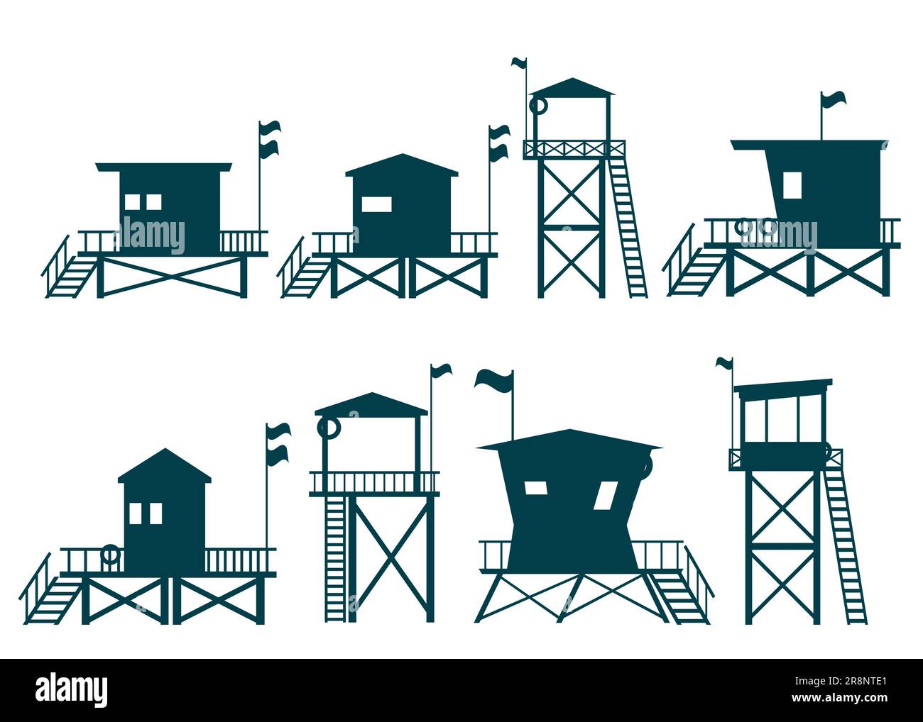 Collection of Lifeguard Tower icons. Station beach building Stock ...
