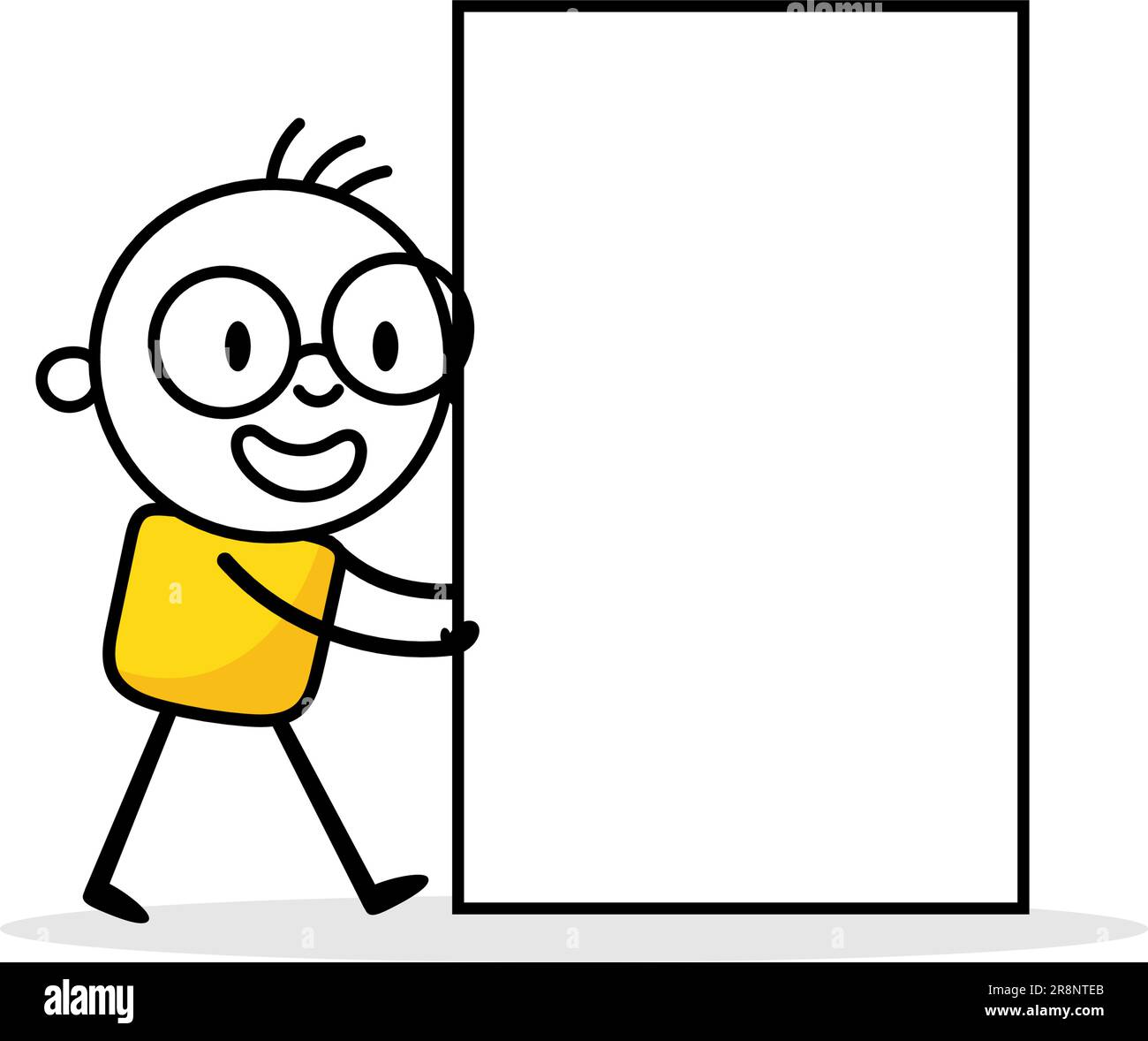 Comic man pushing a blank banner on white background. Hand drawn doodle ...