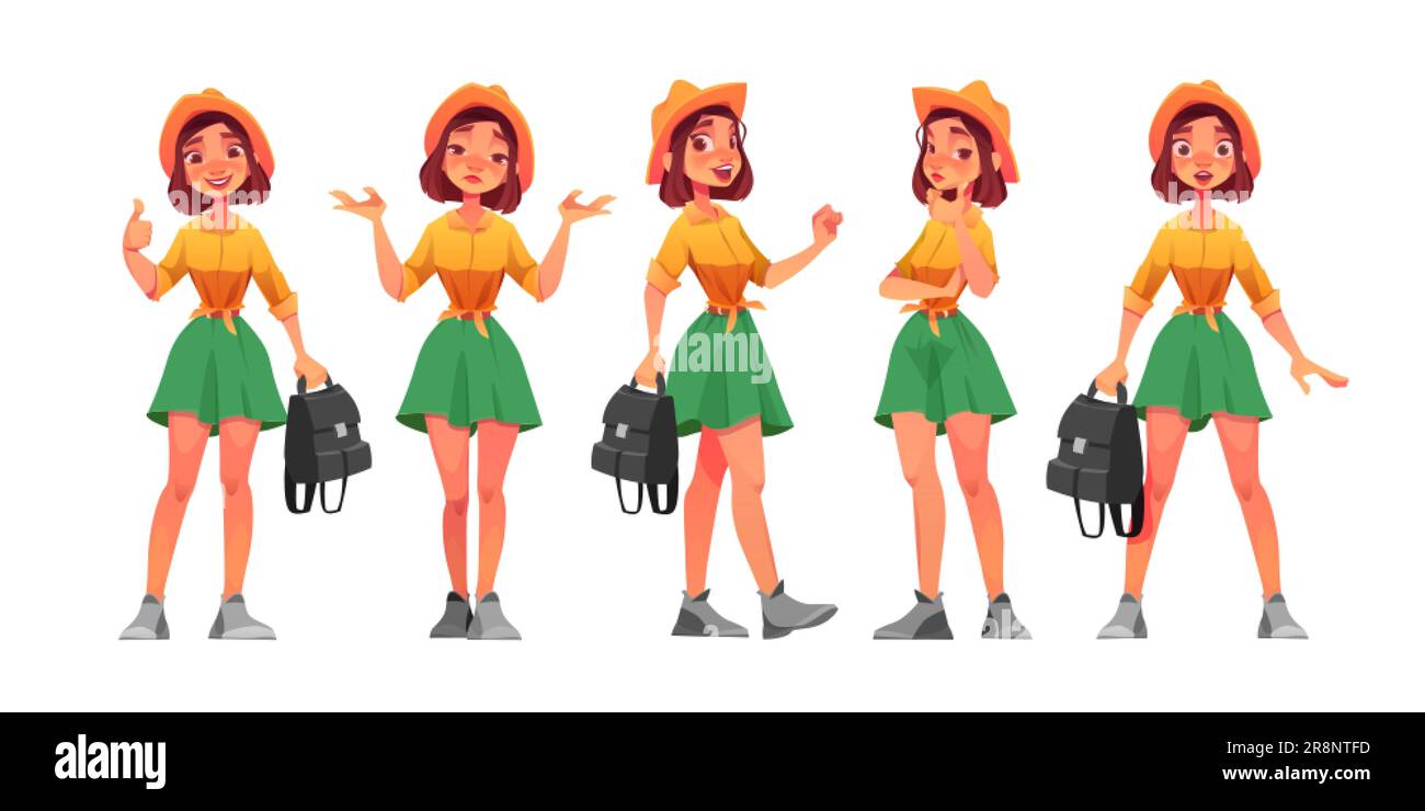 Vector woman character cartoon pose illustration set. Happy teenage ...