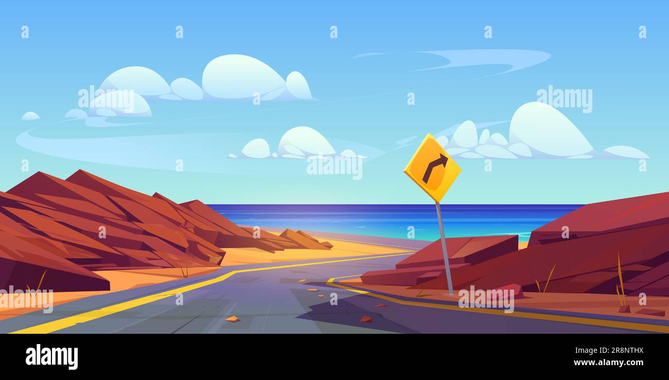 Outdoor vector road trip to sea coast landscape background. Rock nature ...
