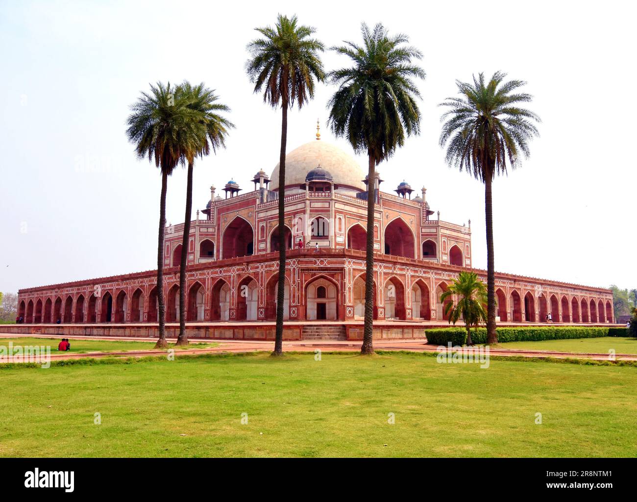 the Humayun Tomb in Delhi, India surrounded by lush greenery and palm ...