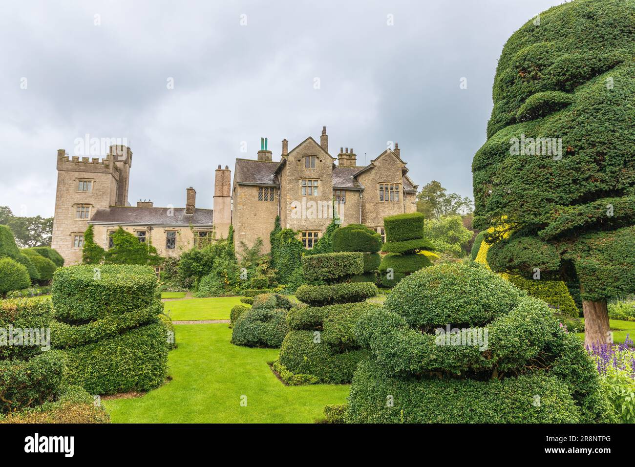 Medieval house and park of Levens Hall in Cumblria, UK with world`s ...