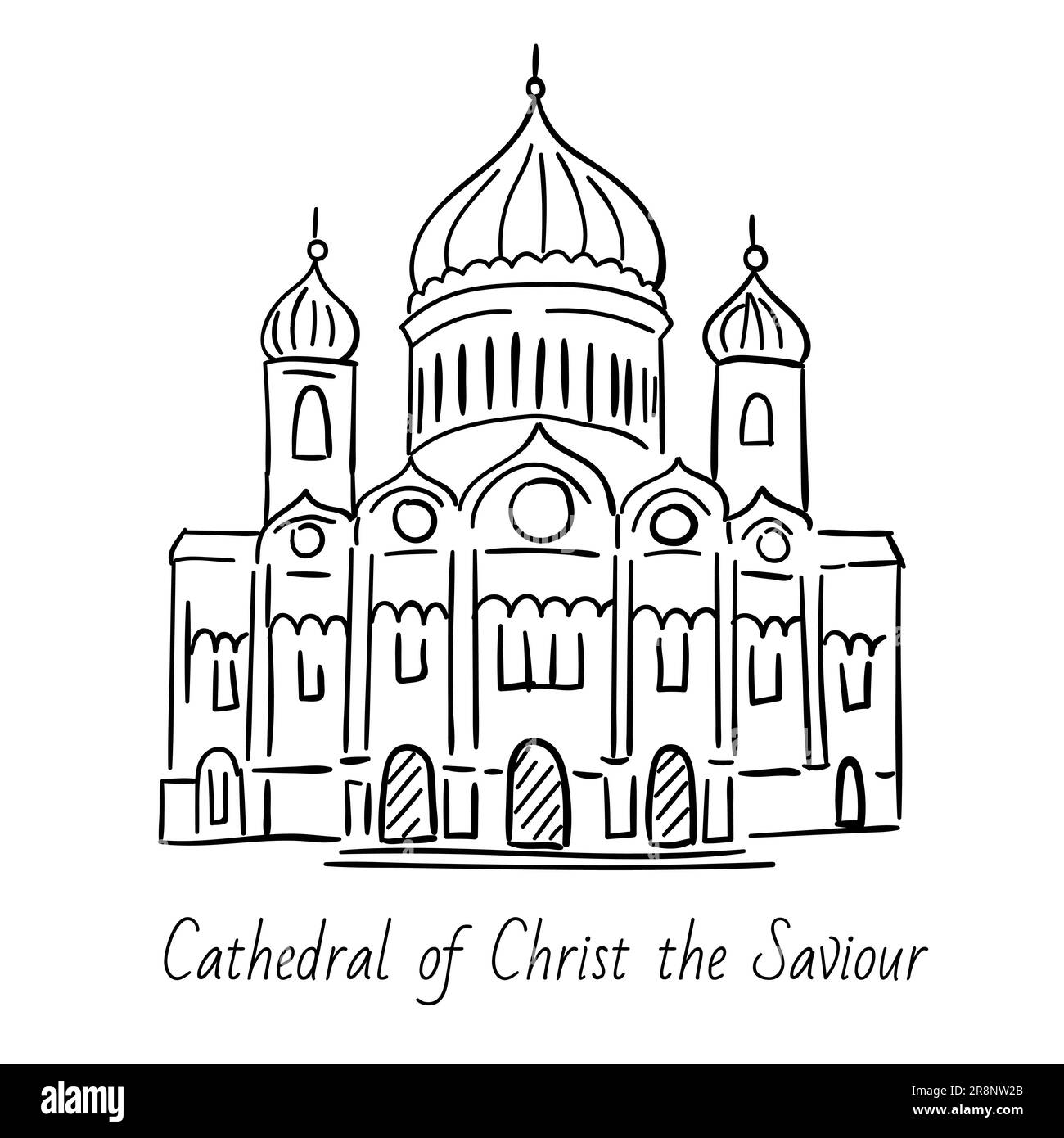 Hand drawn doodel sketch of Moscow landmarks. Cathedral of Christ the ...