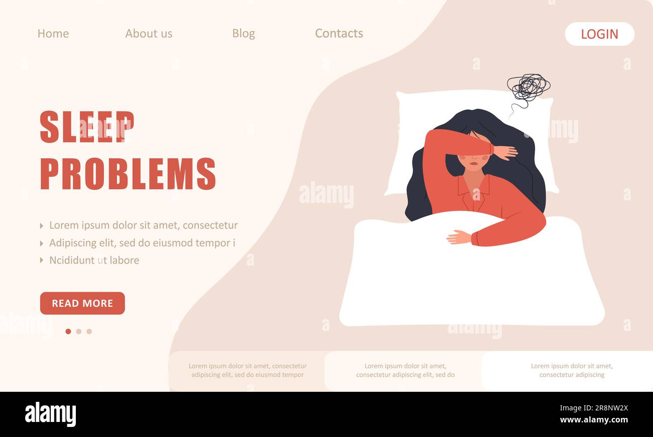 Sleep problems landing page template. Tired woman lying in bed and ...