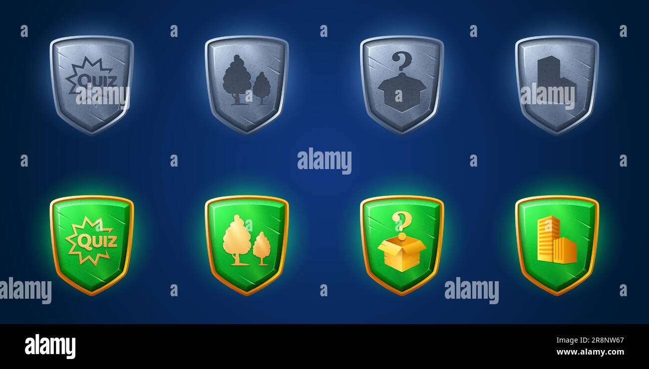 Quiz game shield icon cartoon vector element set. Choose category hover ... Quiz game shield icon cartoon vector element set. Choose category hover ...