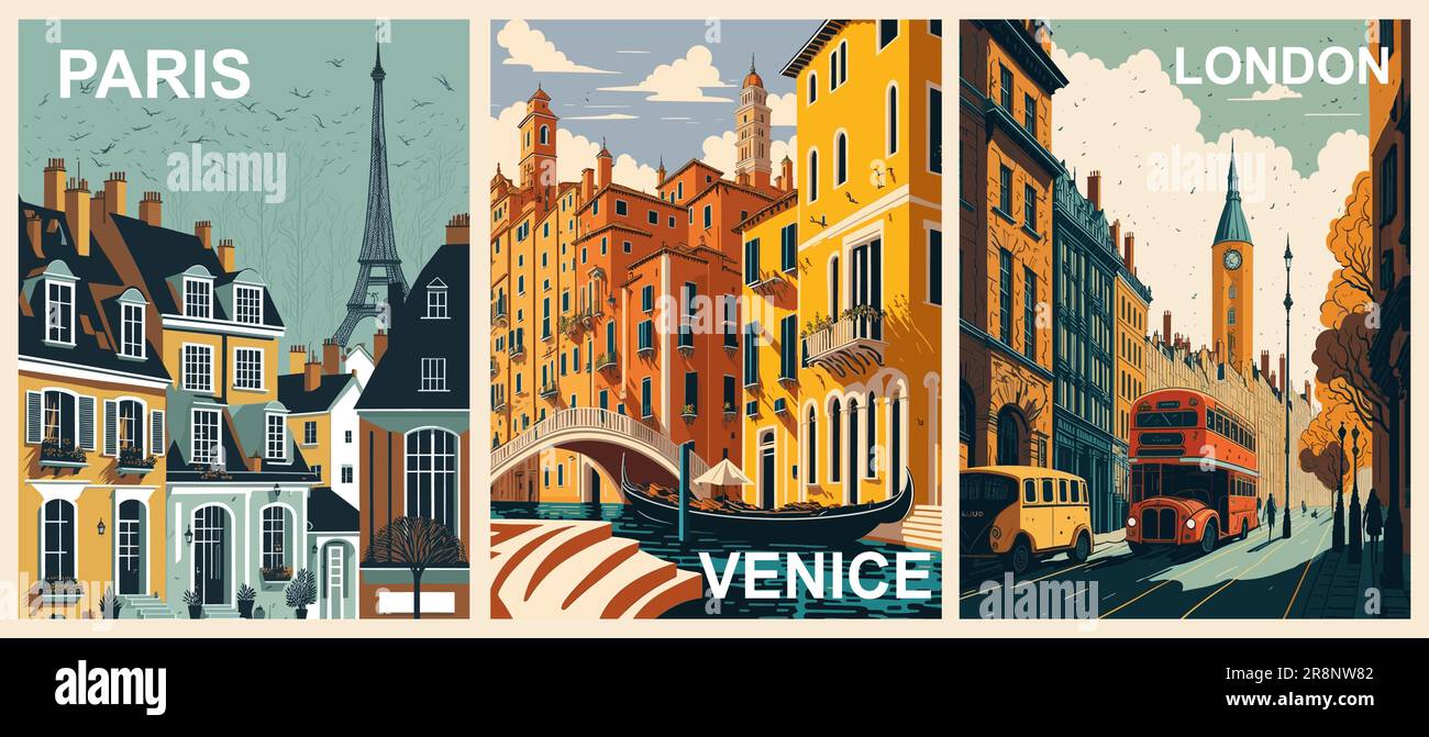Set of Travel Destination Posters in retro style Stock Vector Image ...