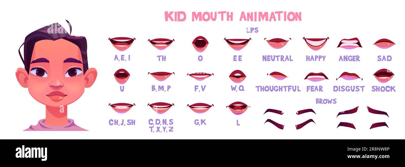 Asian teen boy mouth animation set isolated on white background. Vector ...