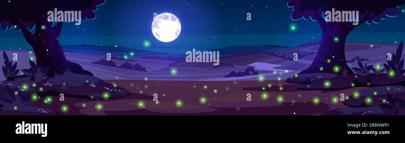 Night forest with firefly cartoon vector landscape background. Full ... Night forest with firefly cartoon vector landscape background. Full ...