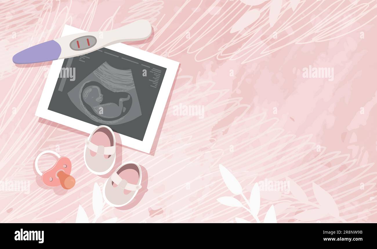 Positive pregnancy test, embryo ultrasound scan, nipple, pink banner ...