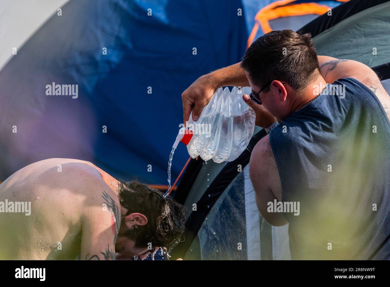 Glastonbury, UK. 22nd June, 2023. I'm a coke addict (Rishi Sunak) flag ...