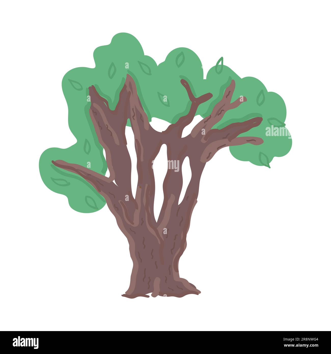 hand drawn vector tree with green crone with leaves. Colored doodle ...
