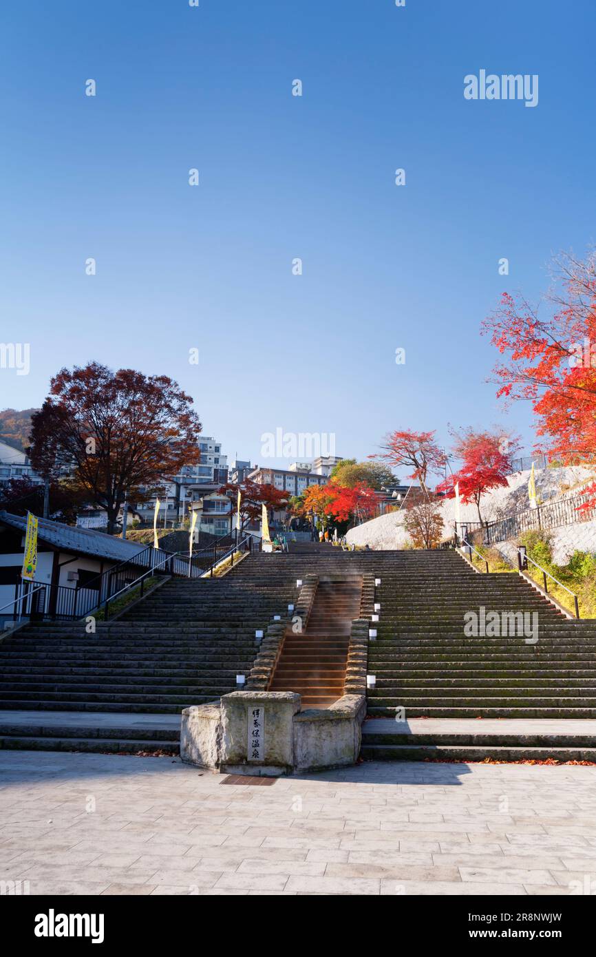 Stone steps street and colored autumn leaves of Ikaho Onsen Stock Photo ...