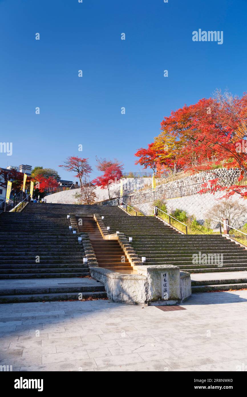 Stone steps street and colored autumn leaves of Ikaho Onsen Stock Photo ...