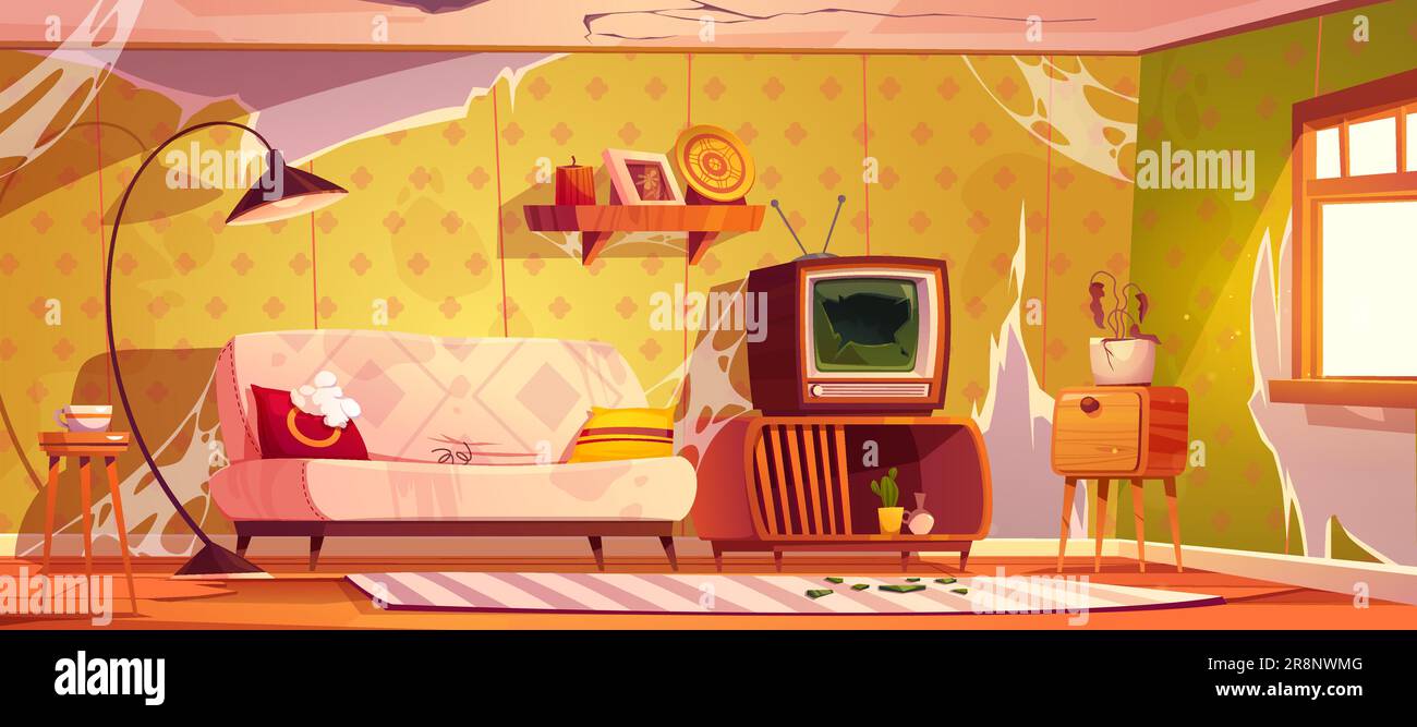 Abandoned house room with broken sofa and tv glass on floor cartoon ...