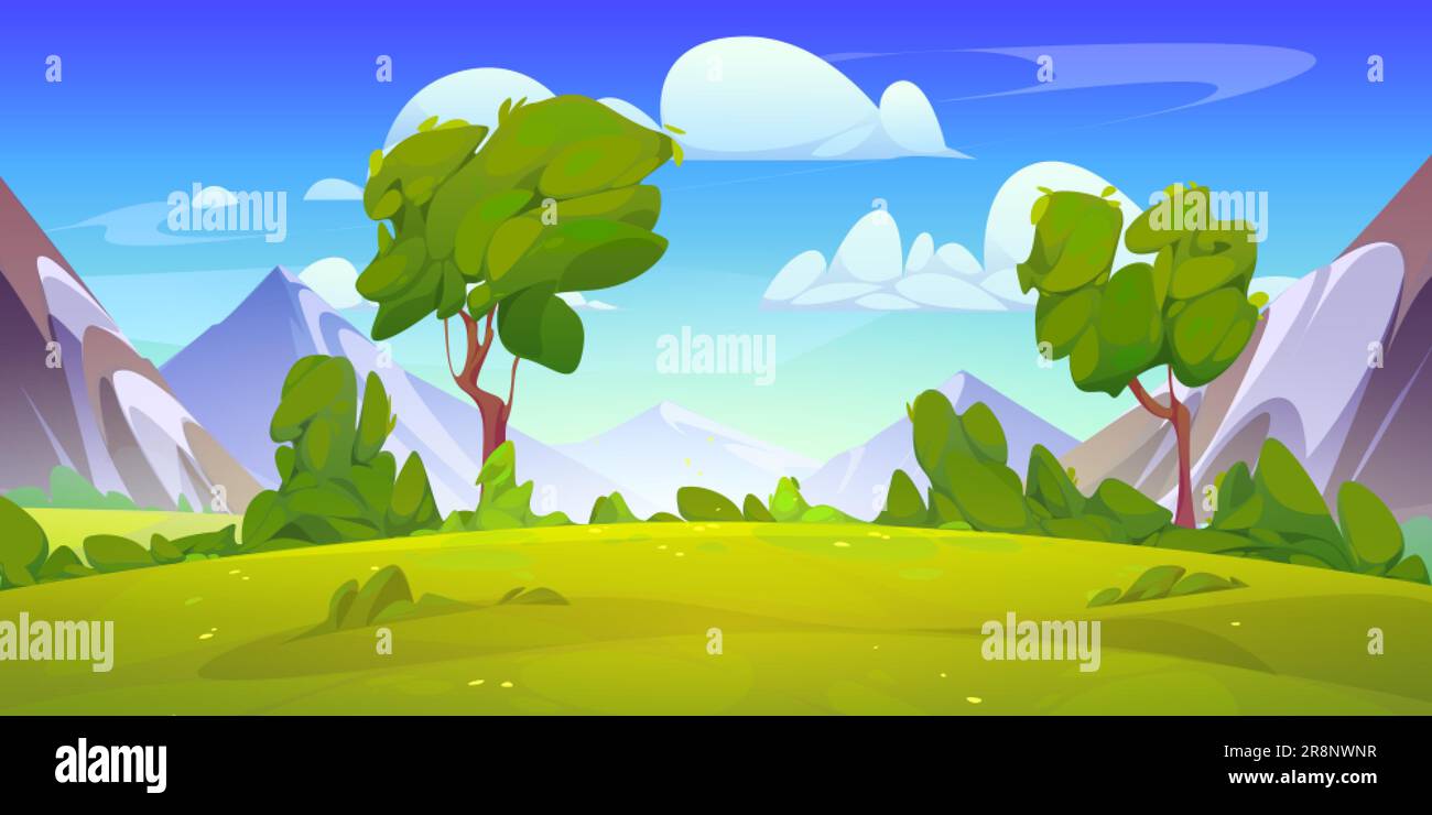 Mountain valley landscape with green meadow and clouds in sky. Summer ...