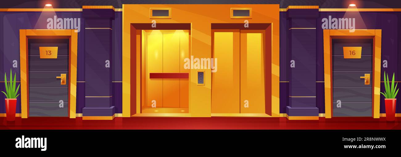 Cartoon luxury hotel floor with room doors and golden elevators. Vector ...