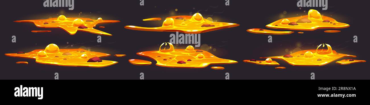 2d magic liquid volcano lava puddle cartoon vector set. Isolated orange ...