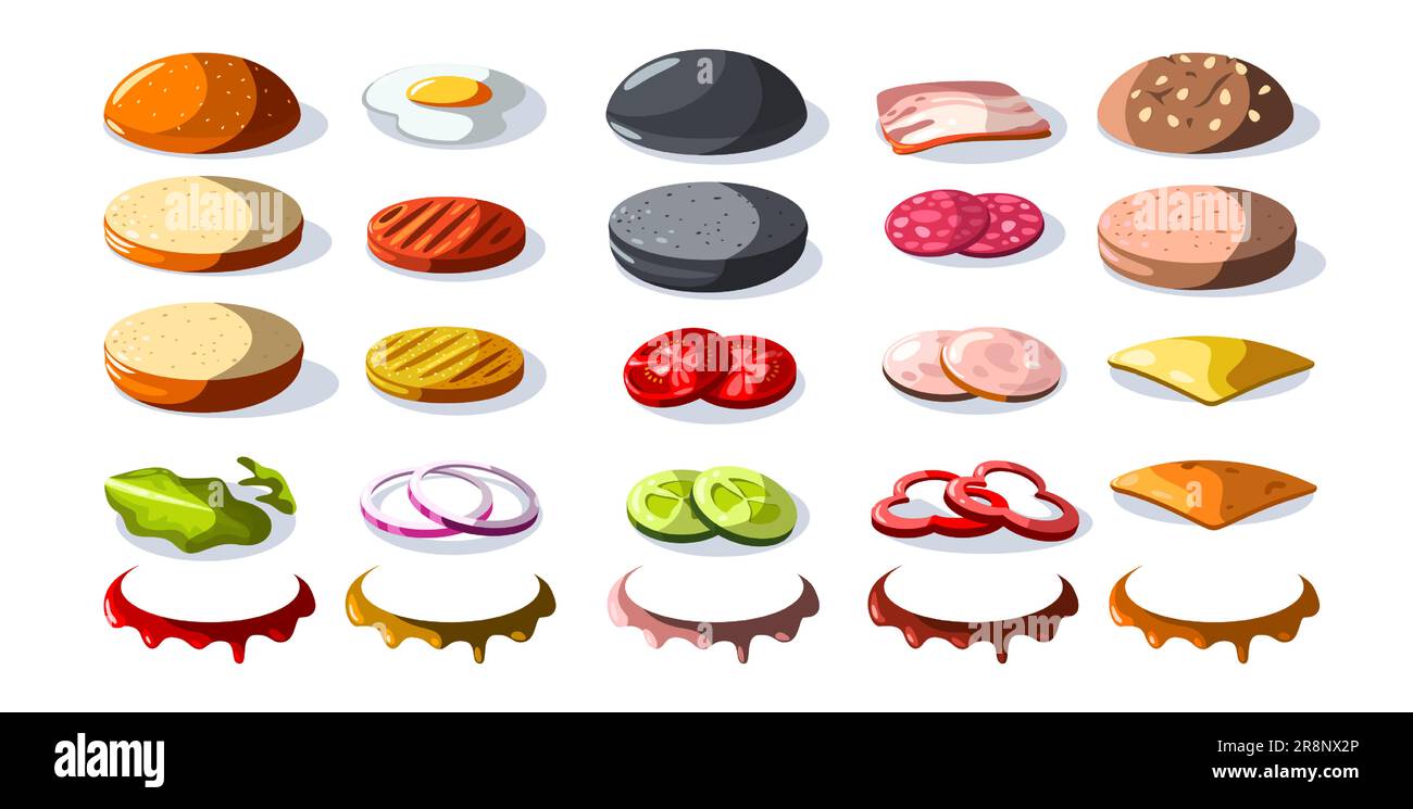 Burger ingredients. Cartoon fast food constructor with cheese sauce ...