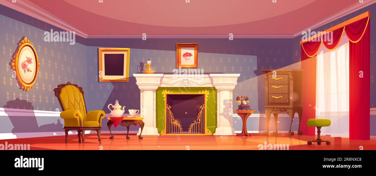 Cartoon royal living room interior with fireplace. Vector illustration ...