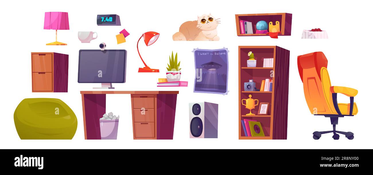 Cartoon set of home office furniture and accessories isolated on white ...