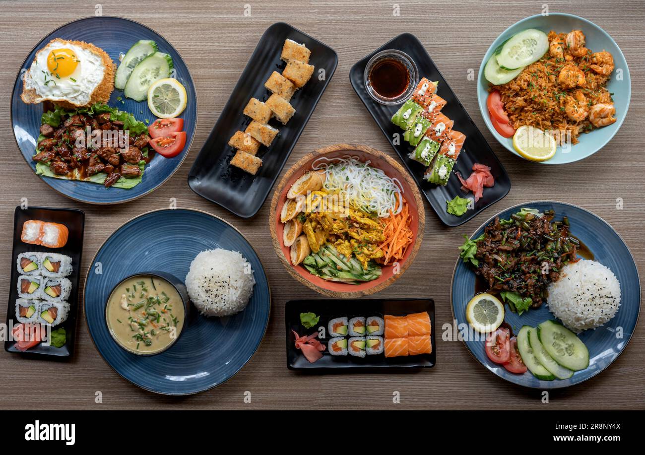 Asian dishe culinary Still Life. Mix of Asian dishes tableTop view ...
