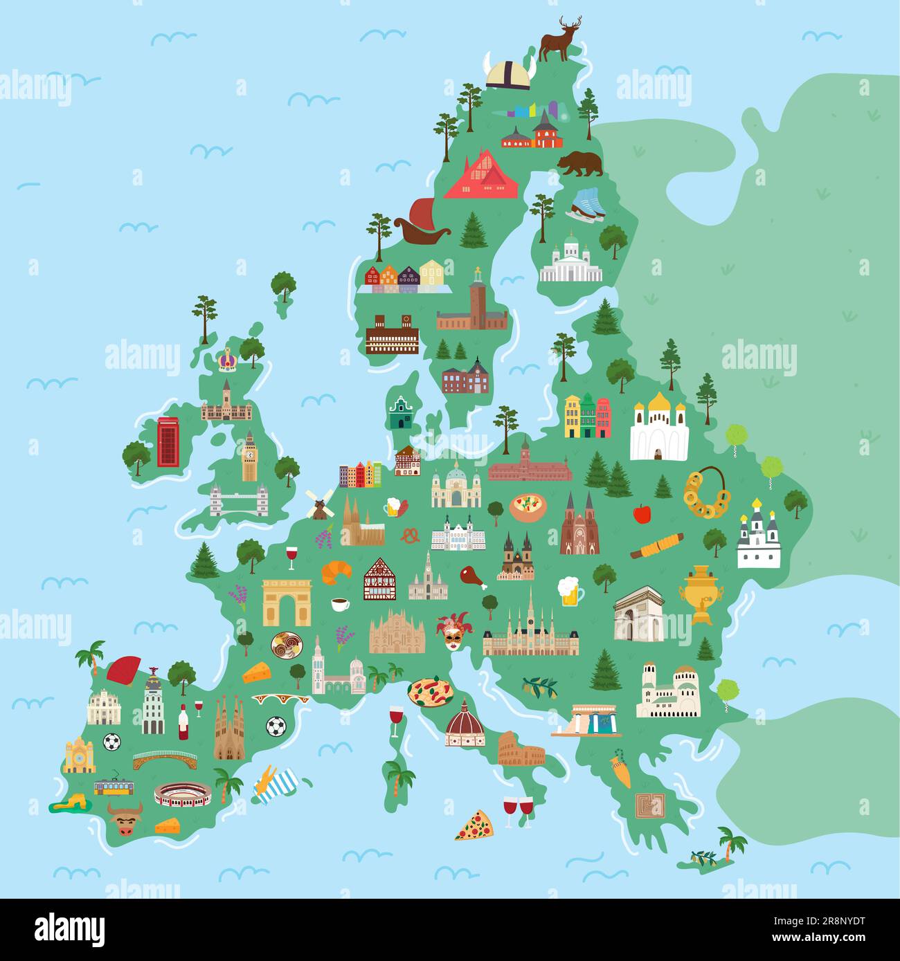 Illustrated map of Europe continent with famous landmarks and buildings ...