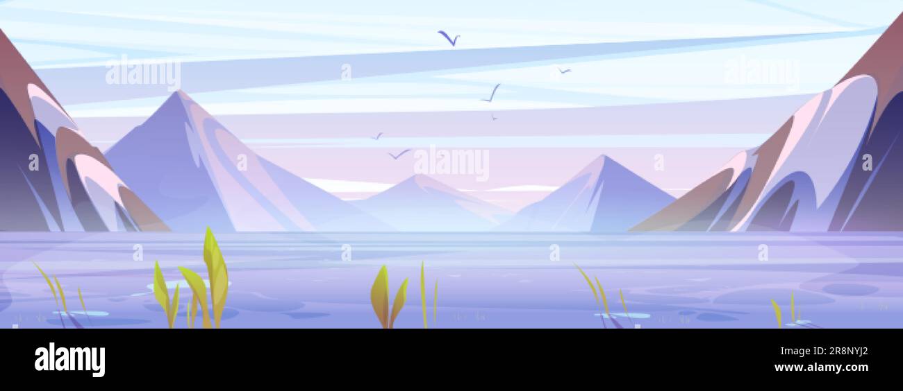 Mountain early morning landscape with lake view. Vector cartoon calm ...