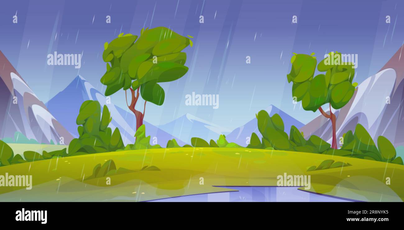 Summer rainy mountain valley landscape illustration cartoon vector ...