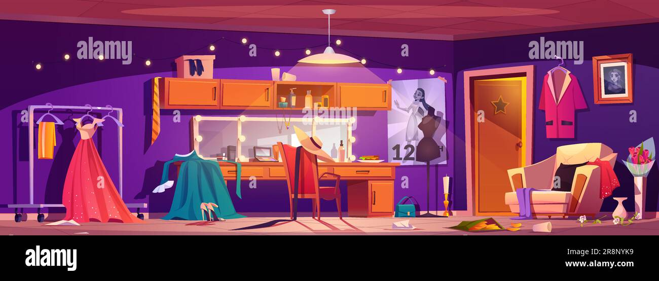 Cartoon actors dressing room interior. Vector illustration of messy ...