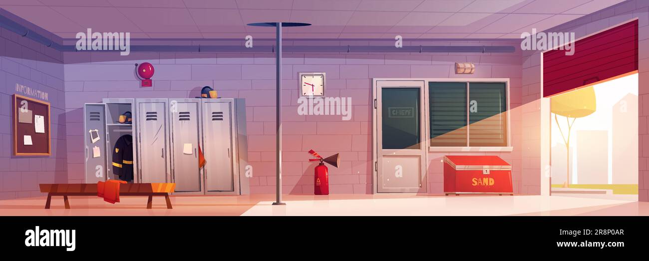 Cartoon fire station interior design. Vector illustration of empty ...