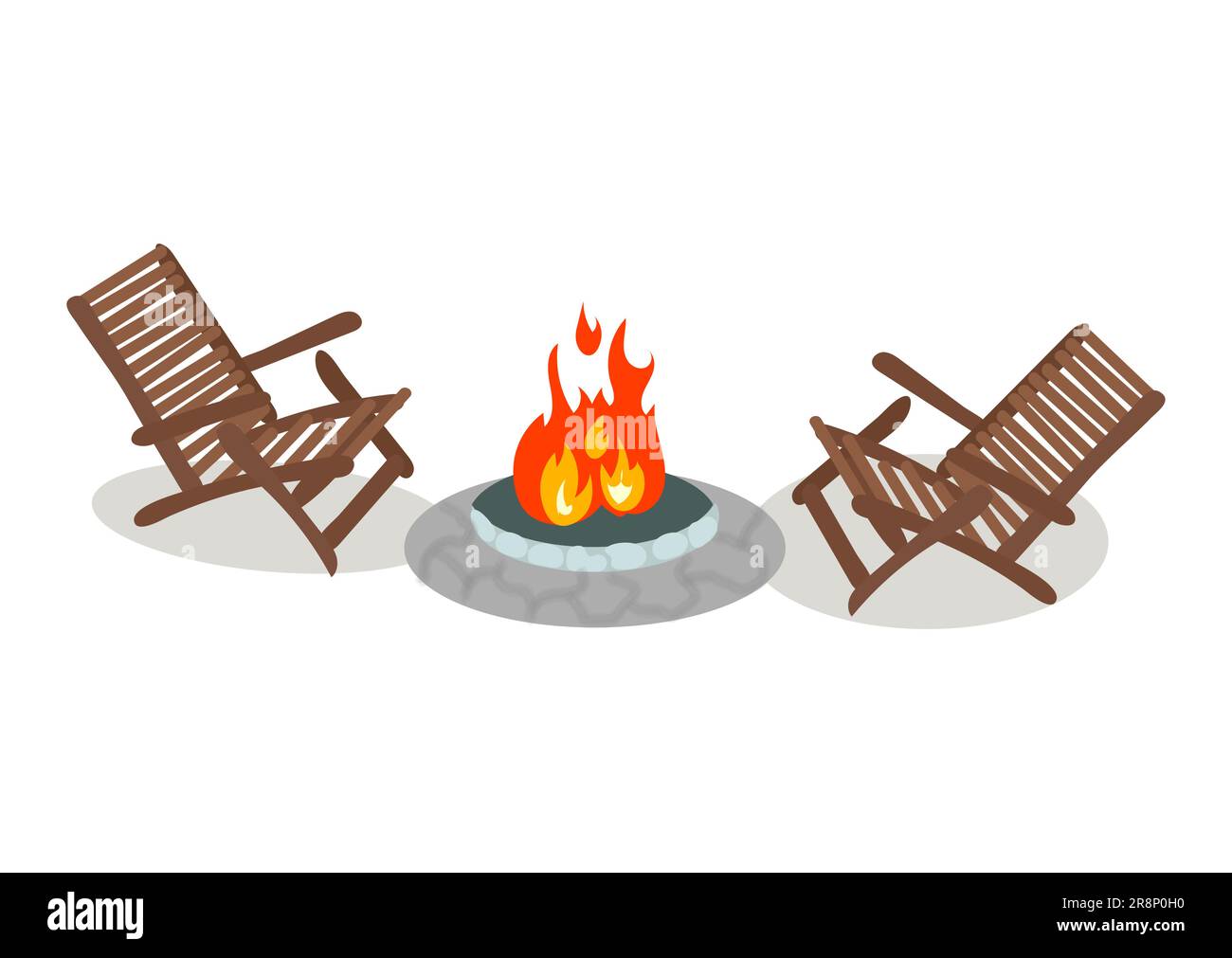 Firepit with wooden chairs around it. Bonfire on the street. Colored ...