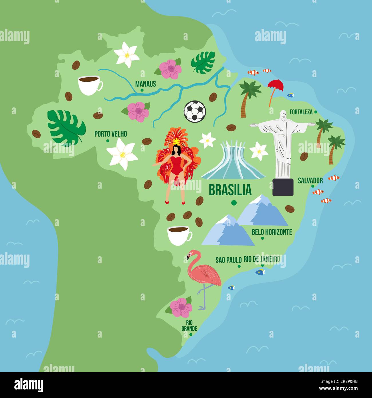 Illustrated map of Brazil with famous symbols and landmarks. Footbal ...