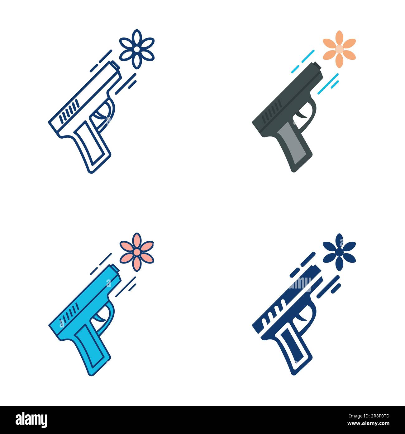 Gun shooting flower icon set in flat and line style. Pistol with floral ...