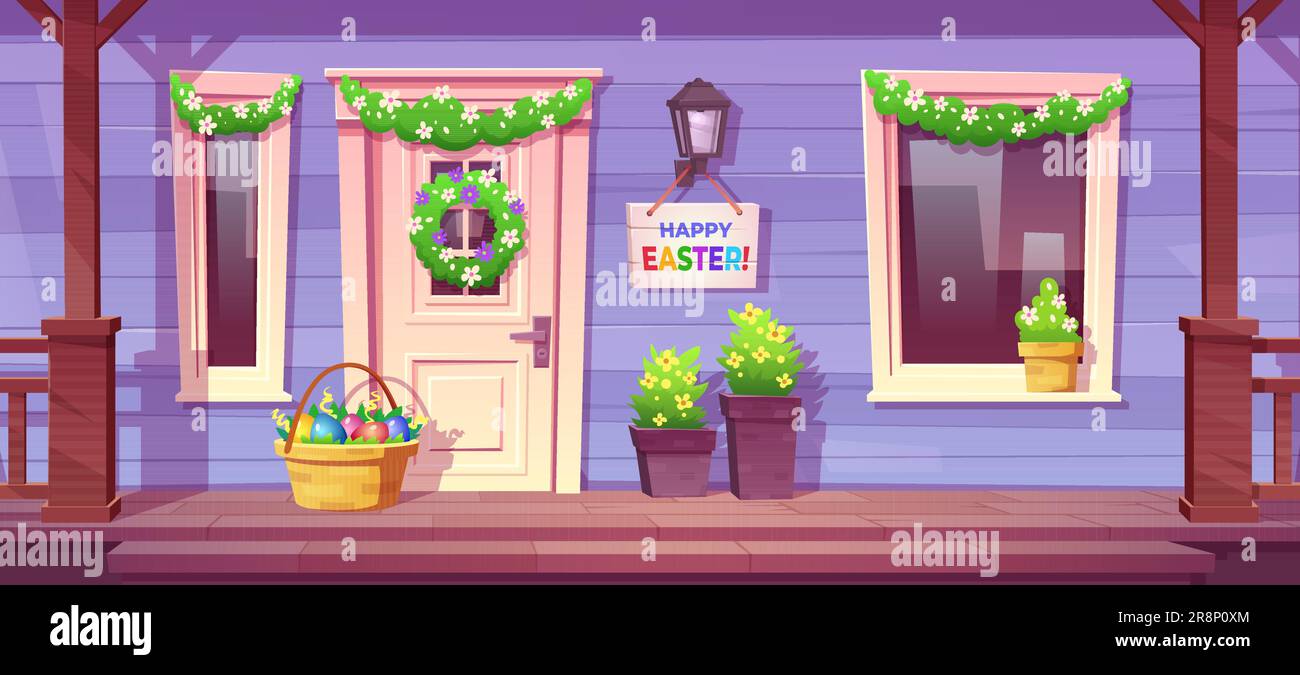 Easter house porch with front door vector illustration. Outside home ...