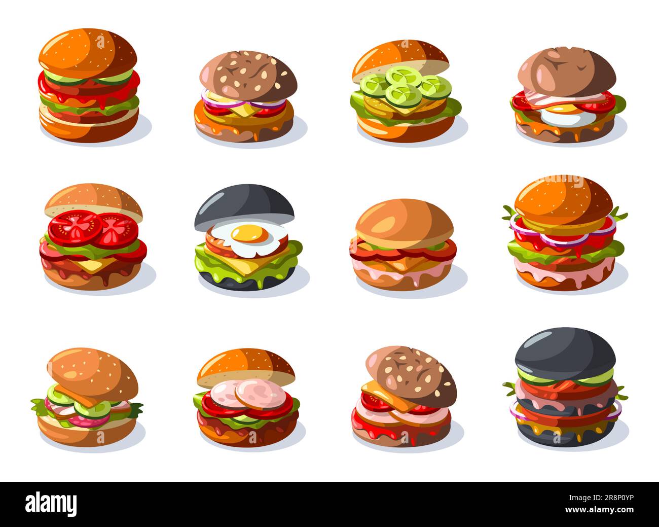 Burger collection. Cartoon raw beef sliced sandwich with lettuce tomato ...