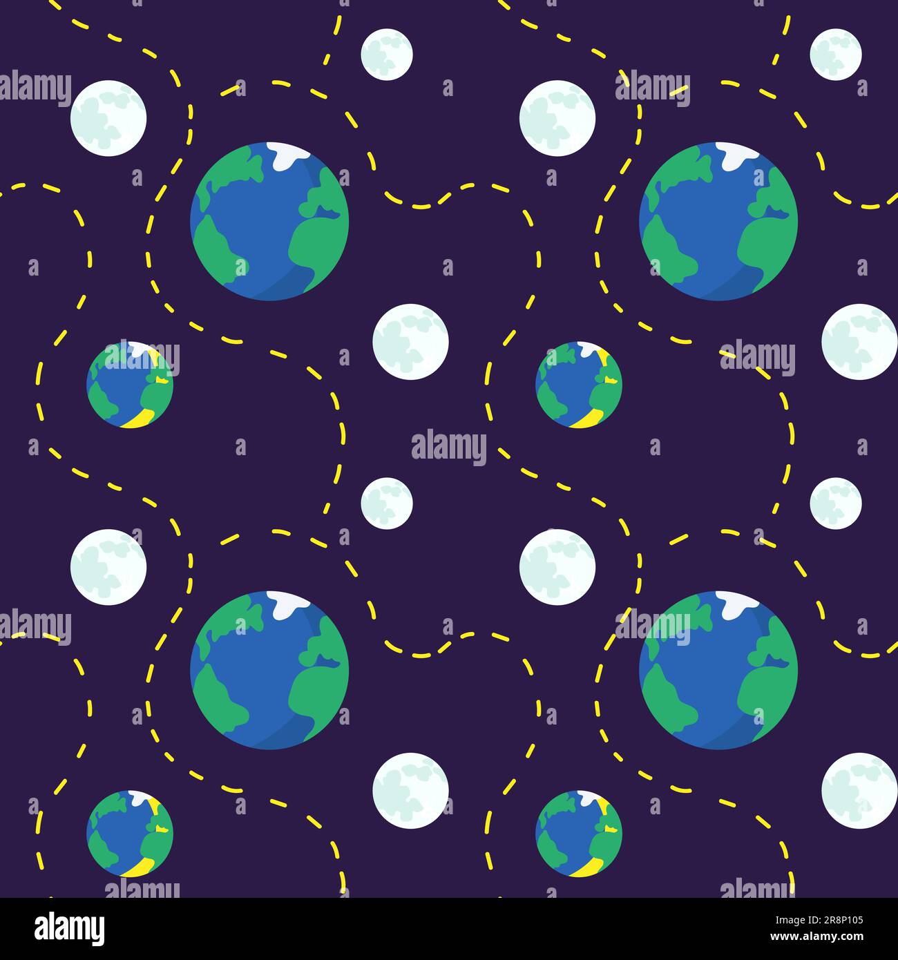 Hand drawn flat seamless pattern with Earth planet and moon. Bright ...