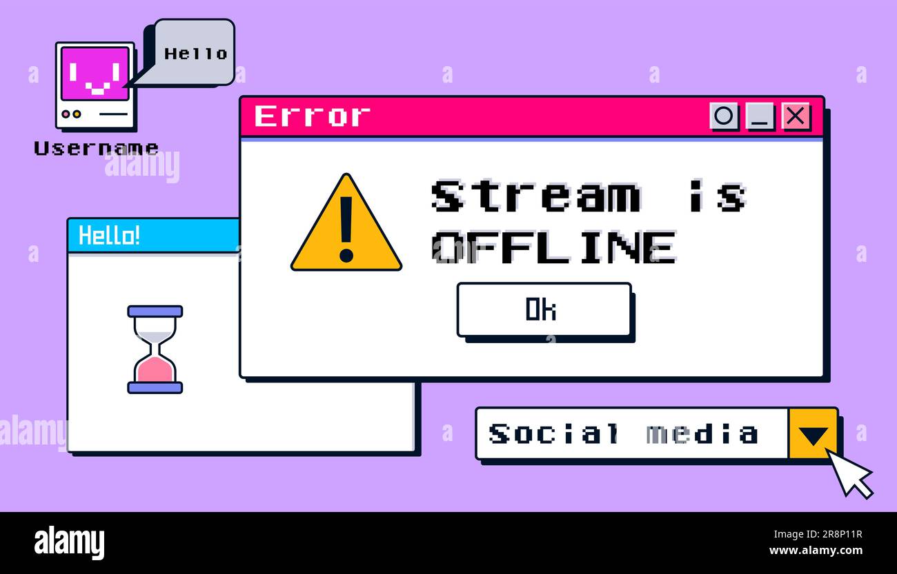 Offline stream y2k banner design. 90s software windows and error message on old computer desktop ...