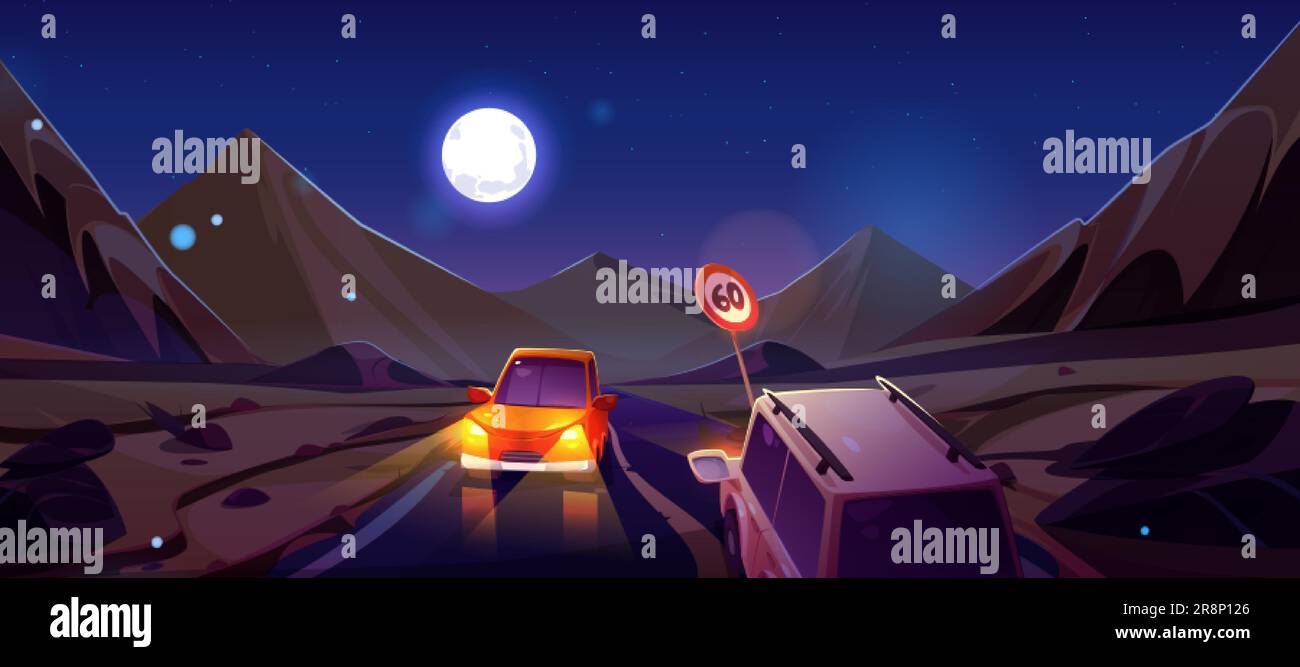 Cars driving night mountain desert road. Vector cartoon illustration ...
