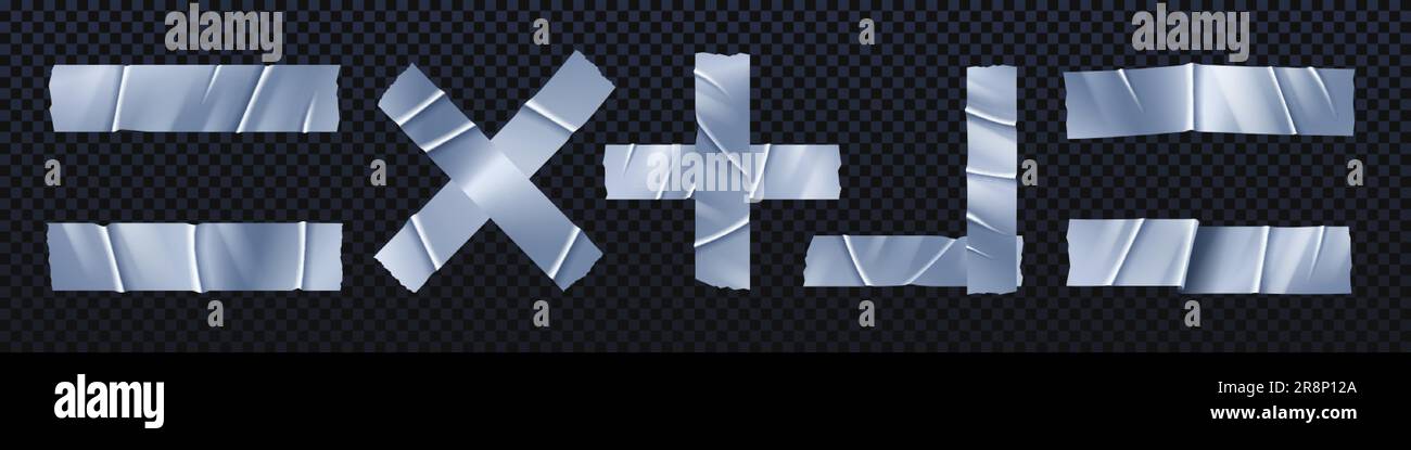 Silver duct tapes, scotch and adhesive paper pieces. Torn sticky strips ...