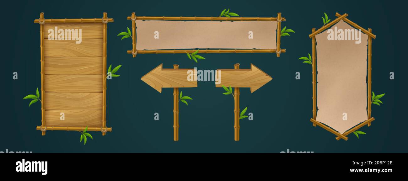Wooden bamboo sign board frame game ui vector set. Wooden signboard ...