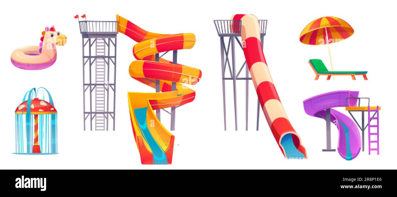 Cartoon set of aquapark equipment isolated on white background. Vector ...