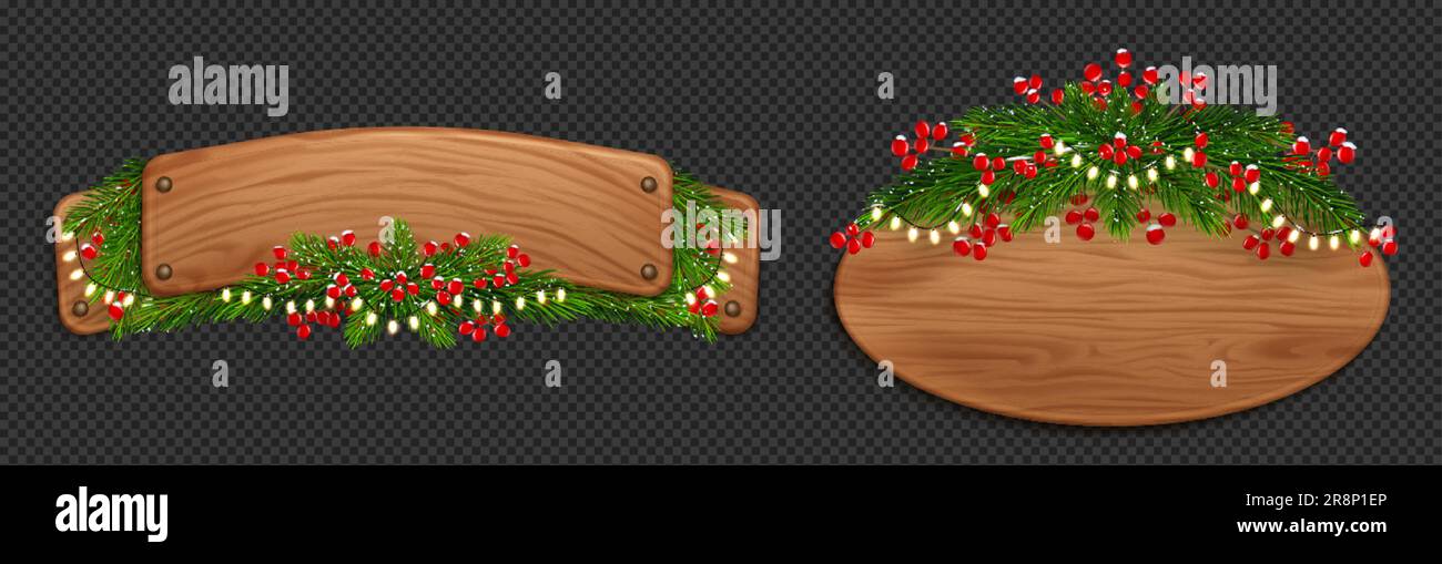 Christmas wood sign board with fir and red berries. Realistic winter ...
