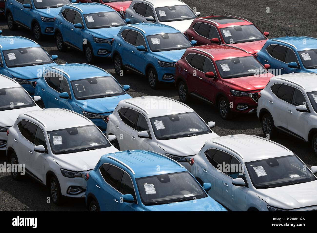Mlada Boleslav, Czech Republic. 22nd June, 2023. MG HS cars line the ...