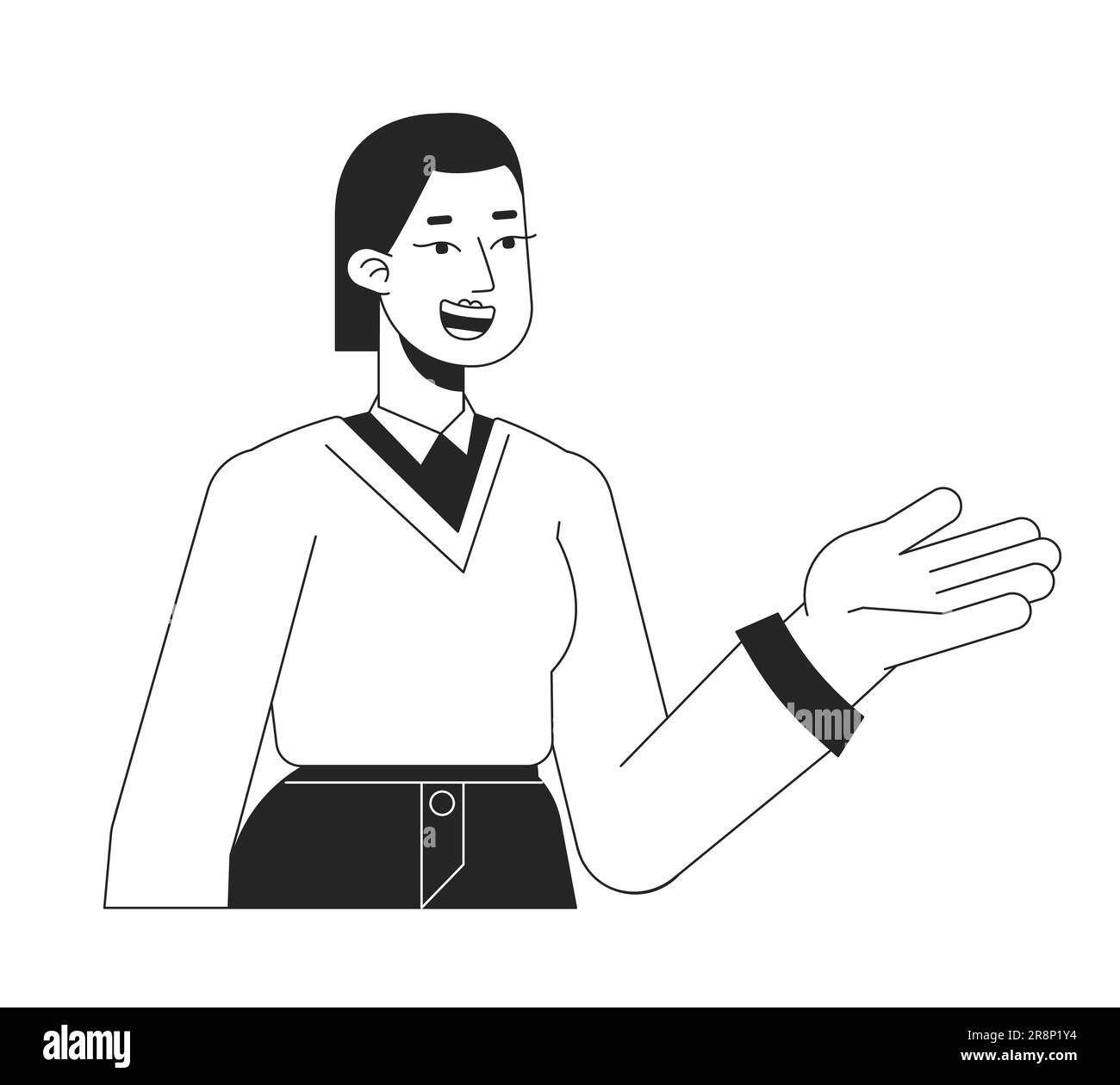 Female tutor explaining with smile flat line black white vector ...