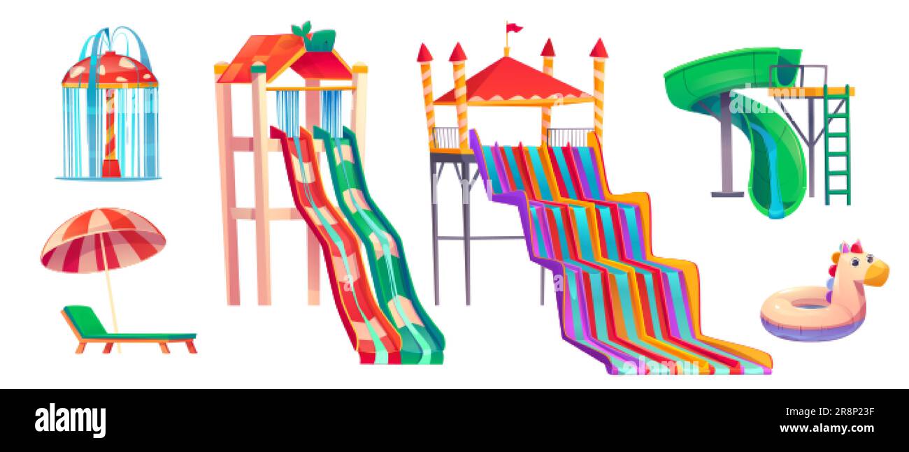 Summer aqua park with water slides, spiral tube, inflatable ring ...