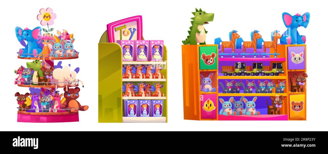 Cartoon set of toy shop goods on shelves isolated on white background ...